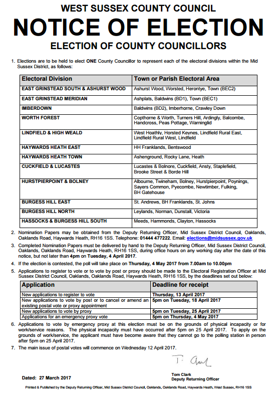 WSCC Notice of Election – East Grinstead Town Council
